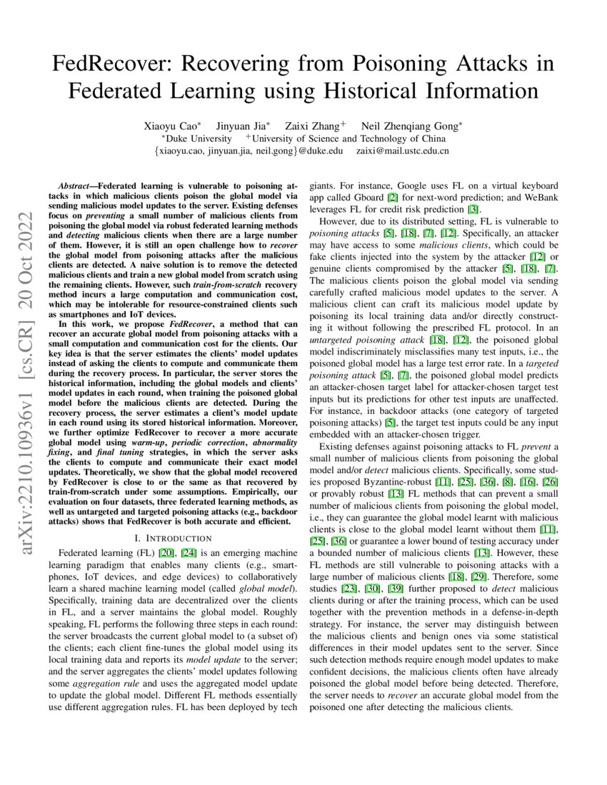 FedRecover: Recovering from Poisoning Attacks in Federated Learning ...