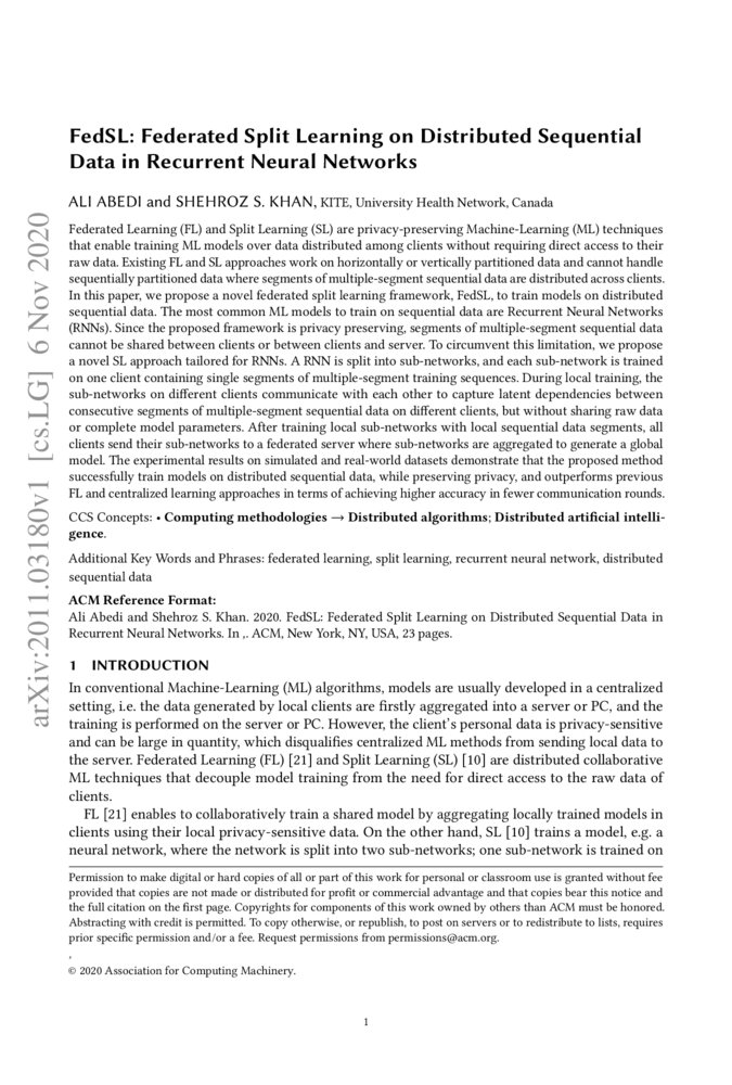 Fedsl Federated Split Learning On Distributed Sequential Data In Recurrent Neural Networks Deepai