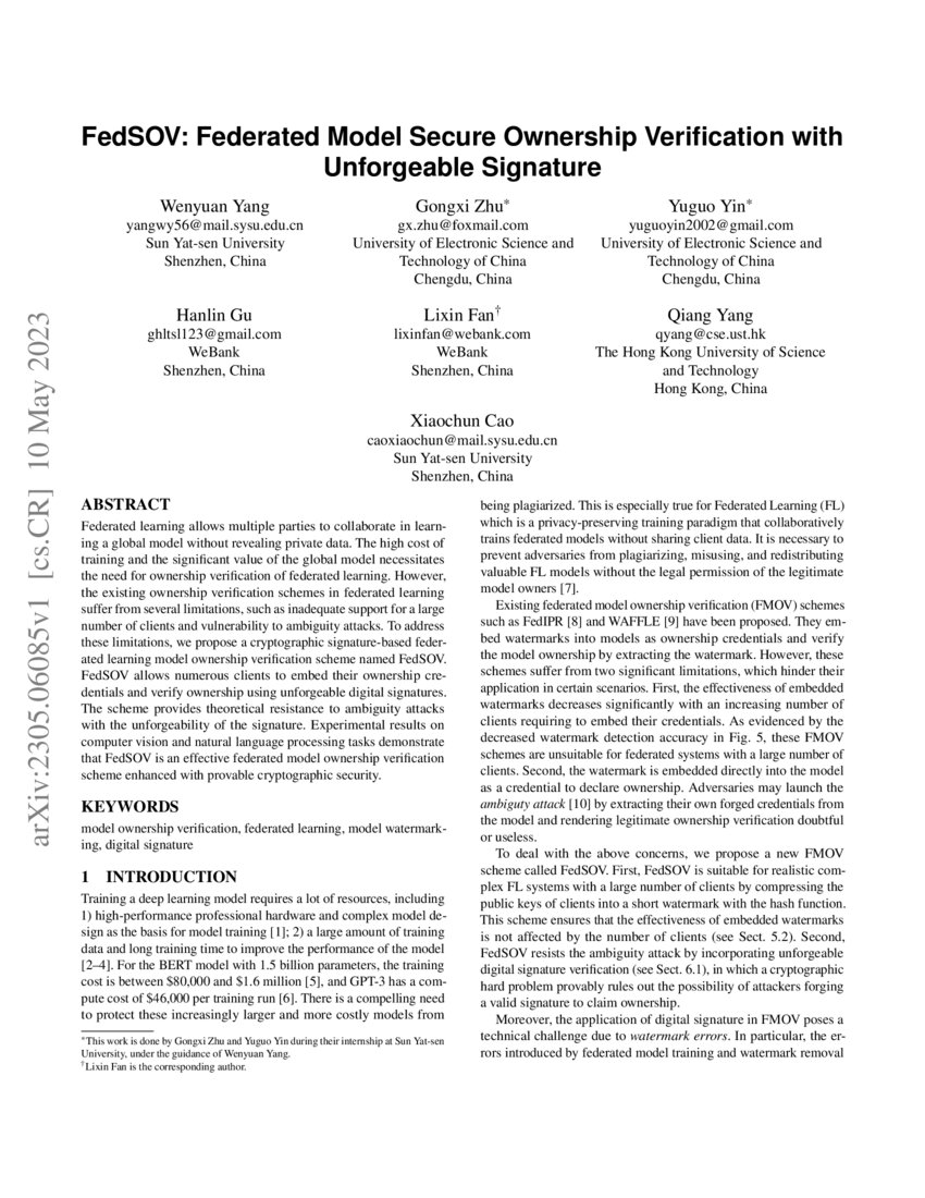 FedSOV: Federated Model Secure Ownership Verification with Unforgeable ...
