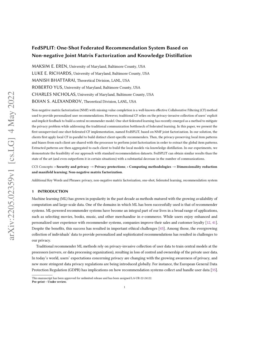 Fedsplit One Shot Federated Recommendation System Based On Non