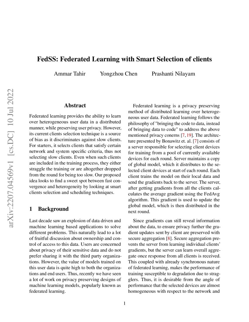 FedSS: Federated Learning with Smart Selection of clients | DeepAI