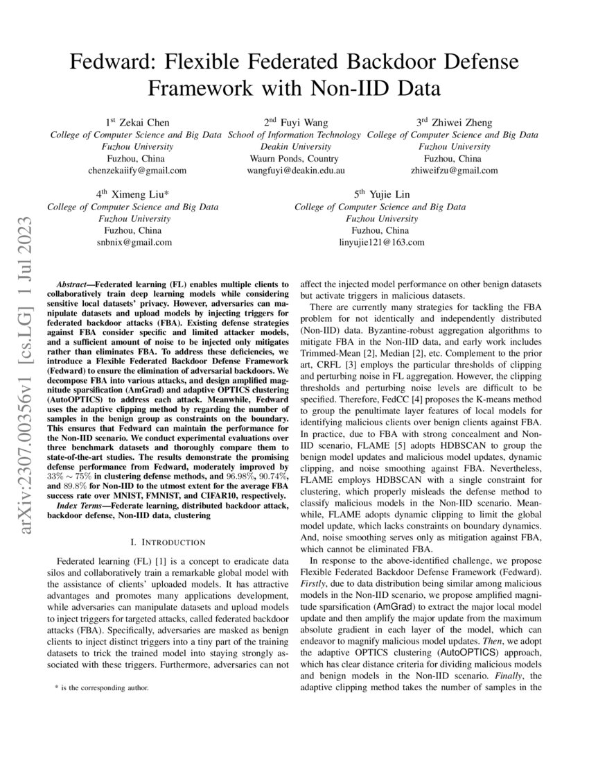 Fedward: Flexible Federated Backdoor Defense Framework with Non-IID ...