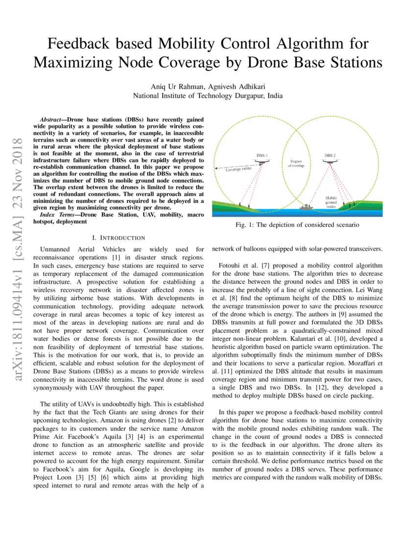 Feedback Based Mobility Control Algorithm For Maximizing Node Coverage By Drone Base Stations 