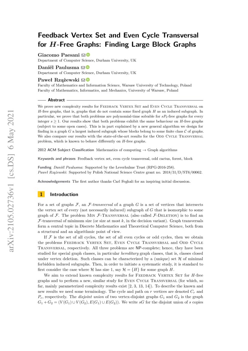 Feedback Vertex Set and Even Cycle Transversal for H-Free Graphs: Finding Large Block Graphs ...
