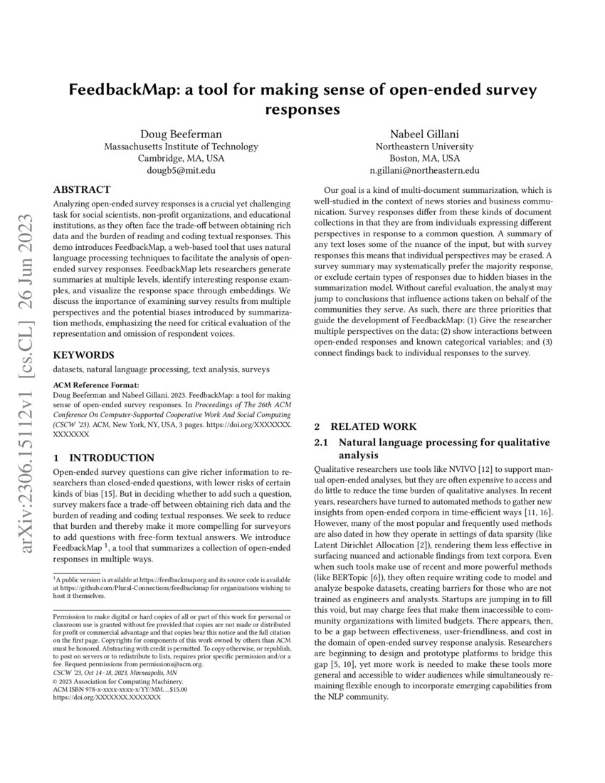 FeedbackMap: a tool for making sense of open-ended survey responses | DeepAI