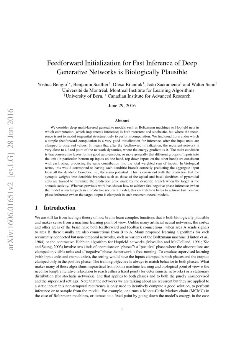 Feedforward Initialization For Fast Inference Of Deep Generative Networks Is Biologically 0904