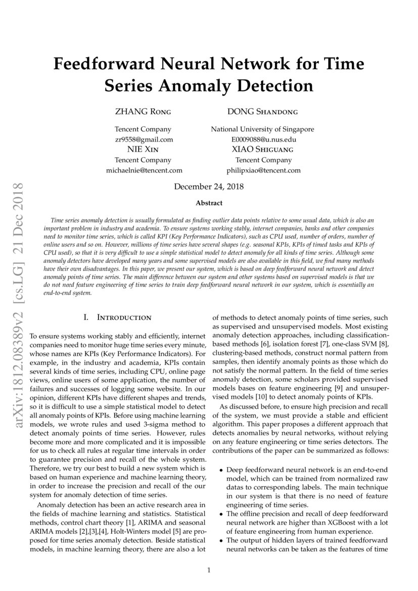 Feedforward Neural Network for Time Series Anomaly Detection | DeepAI