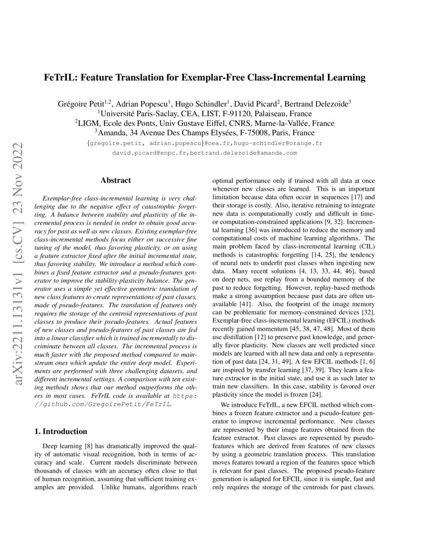 FeTrIL: Feature Translation for Exemplar-Free Class-Incremental Learning | DeepAI
