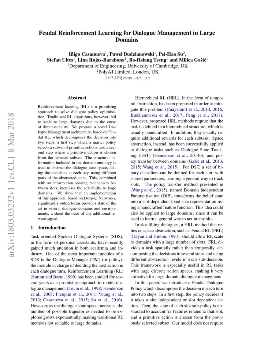 Feudal Reinforcement Learning for Dialogue Management in Large Domains ...
