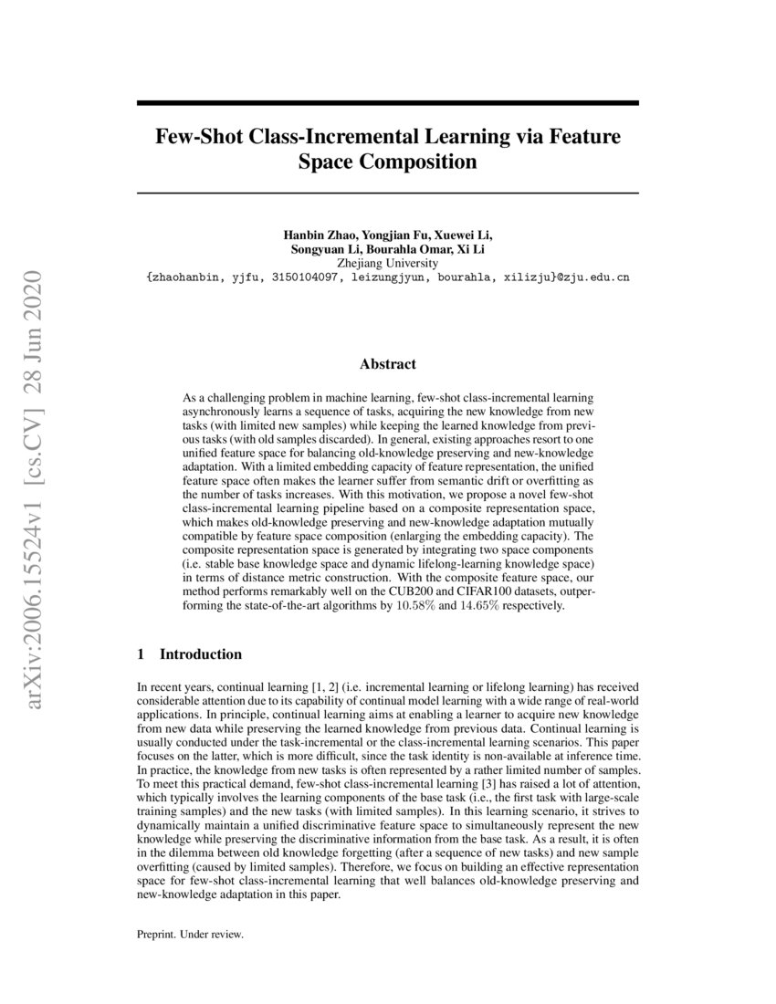 Few-Shot Class-Incremental Learning via Feature Space Composition | DeepAI