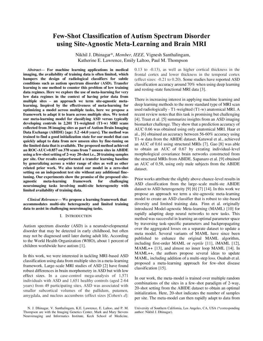 Few-Shot Classification of Autism Spectrum Disorder using Site-Agnostic Meta-Learning and Brain ...