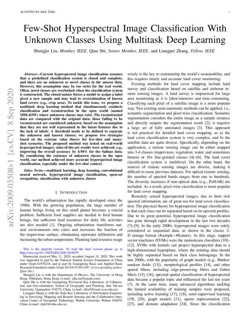 Few Shot Hyperspectral Image Classification With Unknown Classes Using Multitask Deep Learning 3012