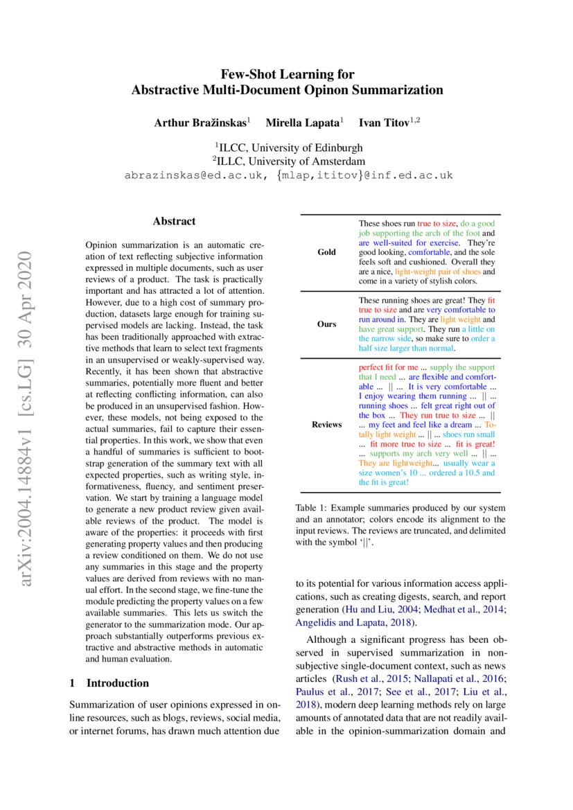 Few Shot Learning For Abstractive Multi Document Opinion Summarization Deepai
