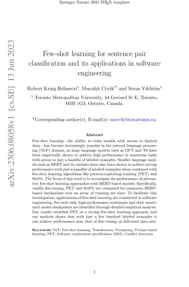 Few-shot learning for sentence pair classification and its applications in software engineering ...