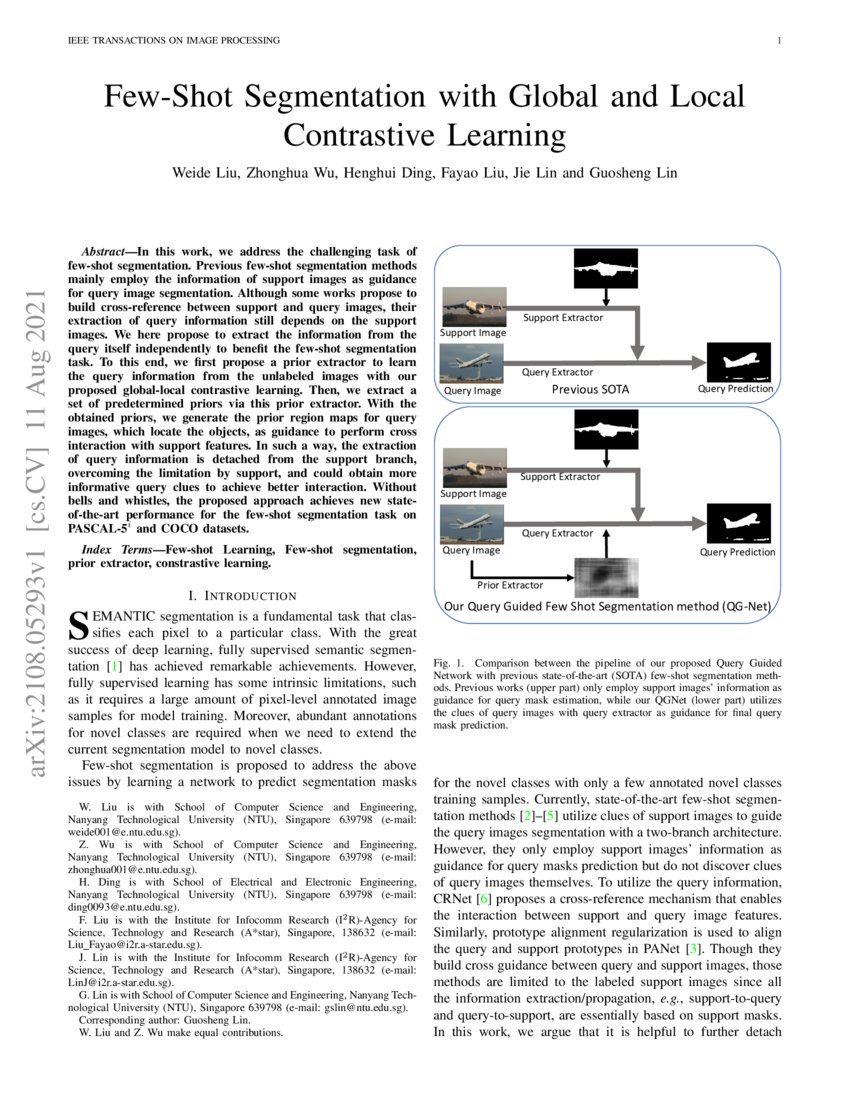 Few-Shot Segmentation with Global and Local Contrastive Learning | DeepAI