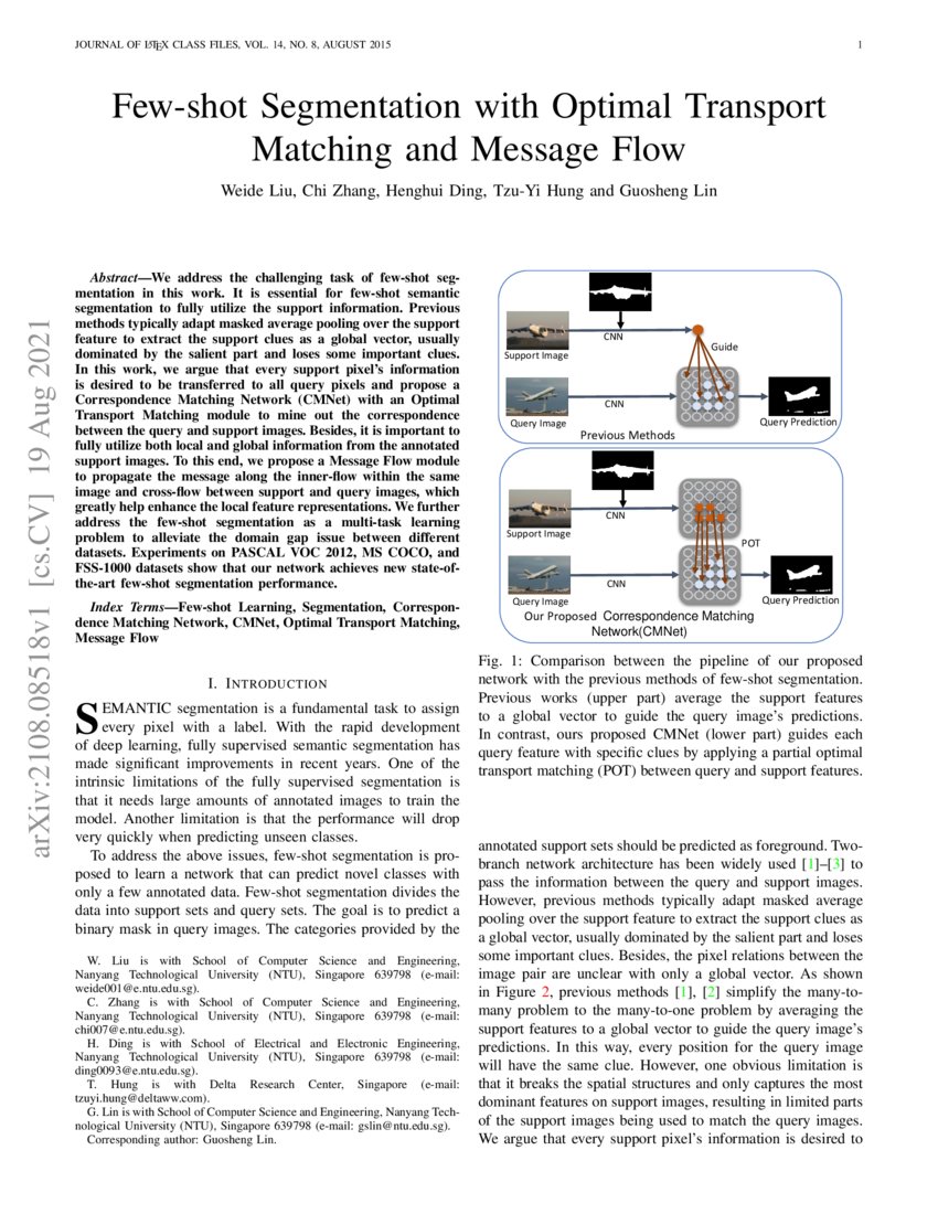 Few-shot Segmentation with Optimal Transport Matching and Message Flow | DeepAI