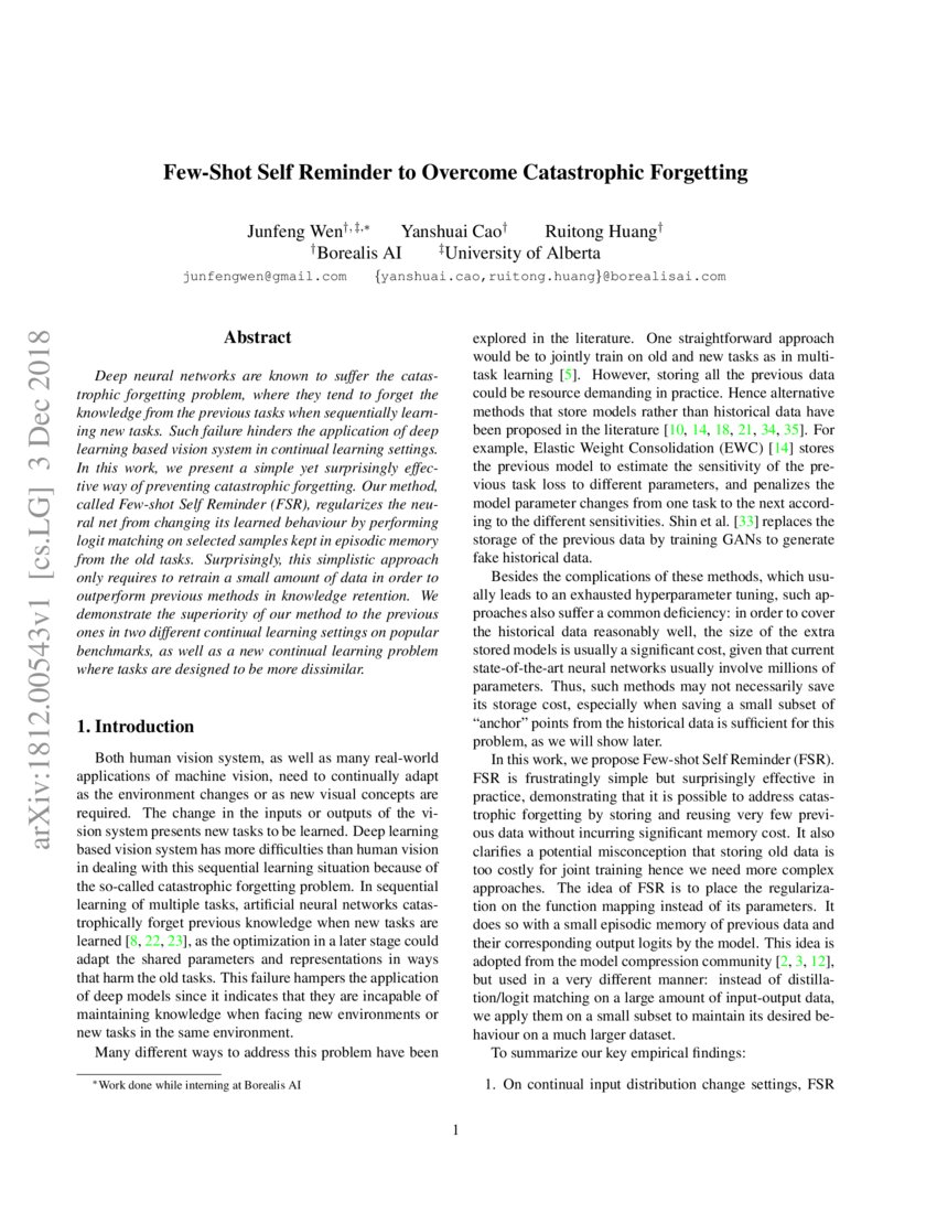 Few-Shot Self Reminder to Overcome Catastrophic Forgetting | DeepAI