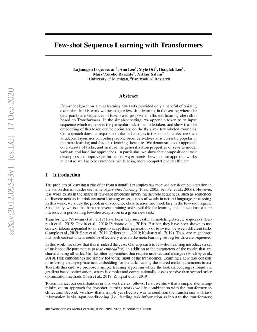 Few-shot Sequence Learning with Transformers | DeepAI