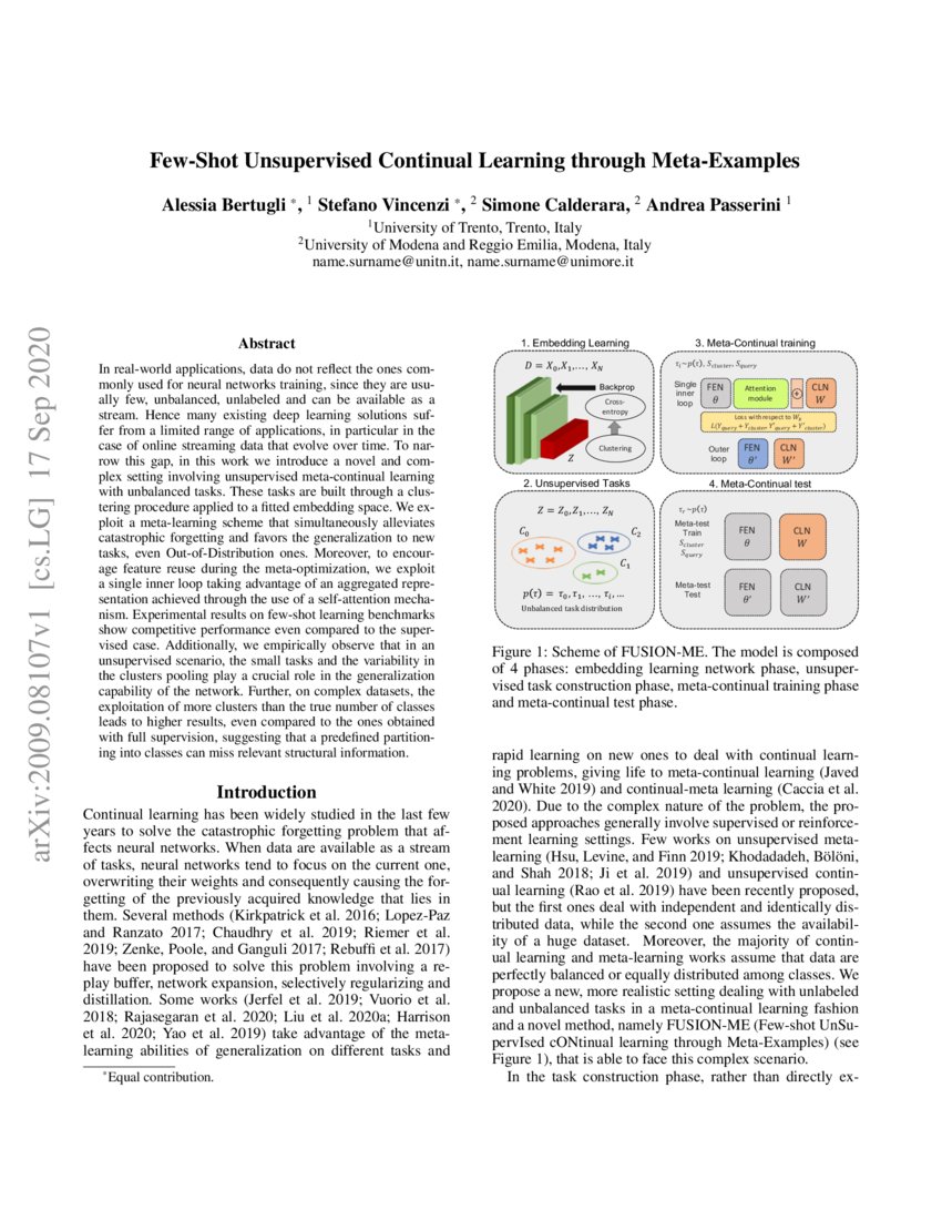 Few Shot Unsupervised Continual Learning Through Meta Examples Deepai 