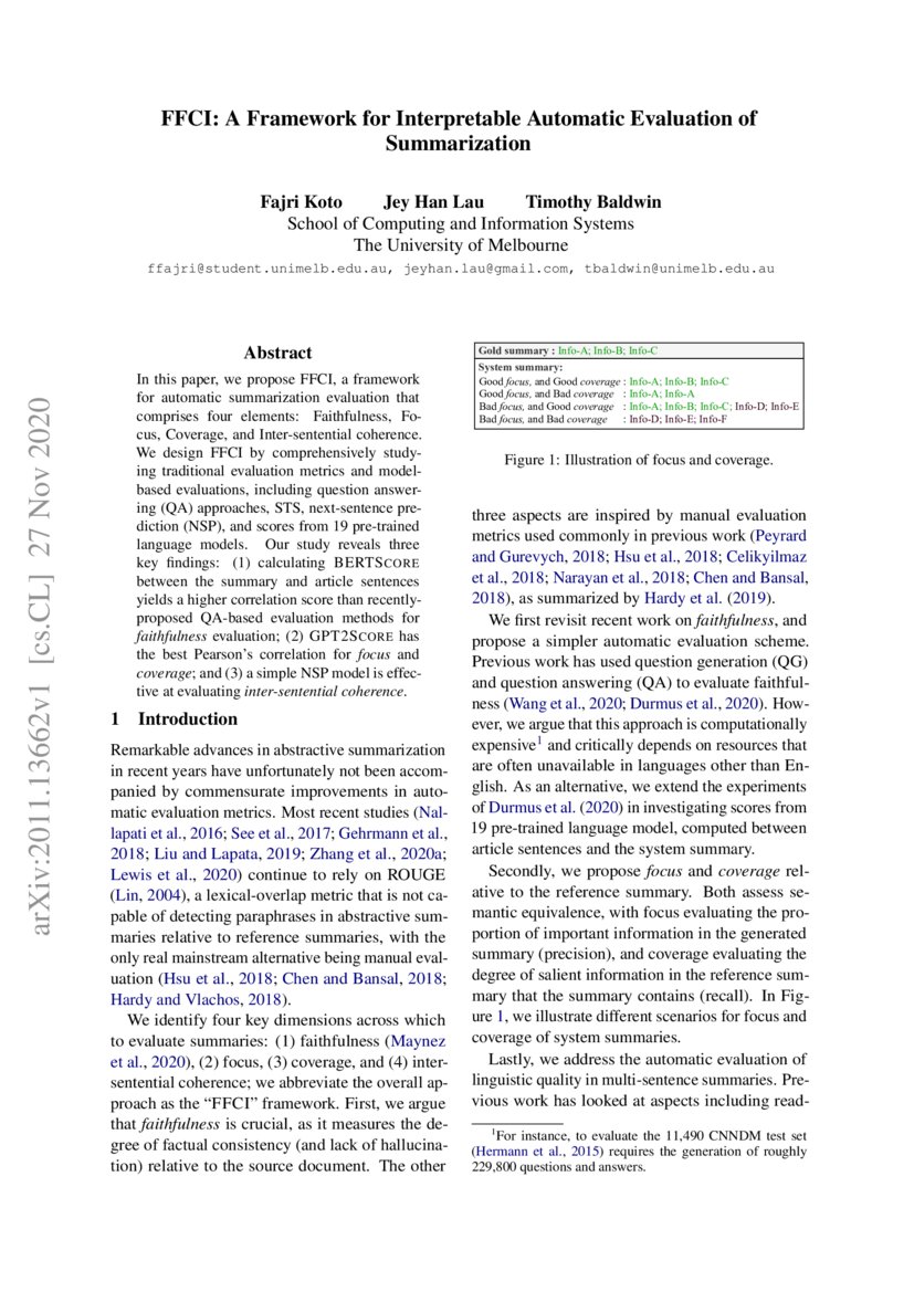 FFCI: A Framework for Interpretable Automatic Evaluation of Summarization | DeepAI