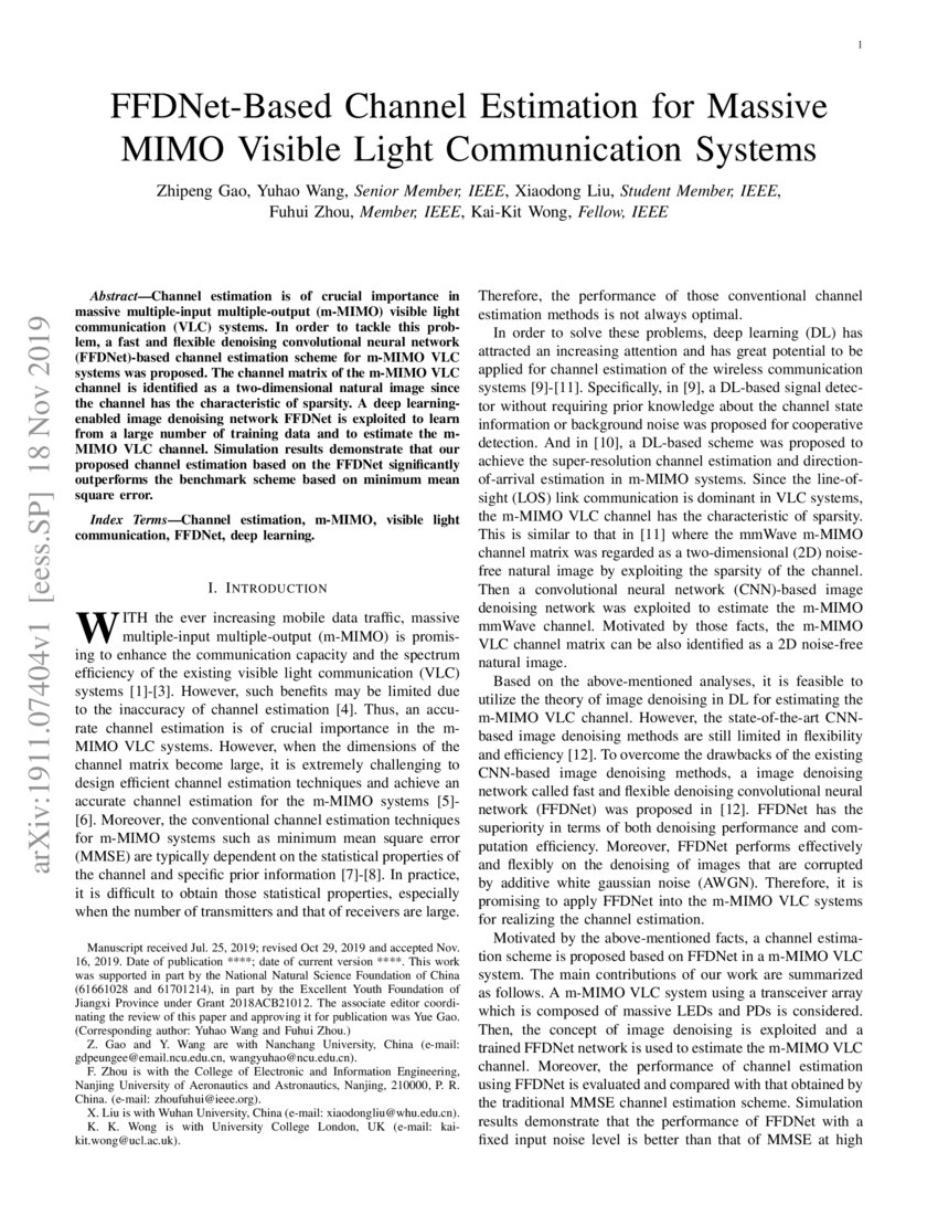 FFDNet-Based Channel Estimation for Massive MIMO Visible Light Communication Systems | DeepAI