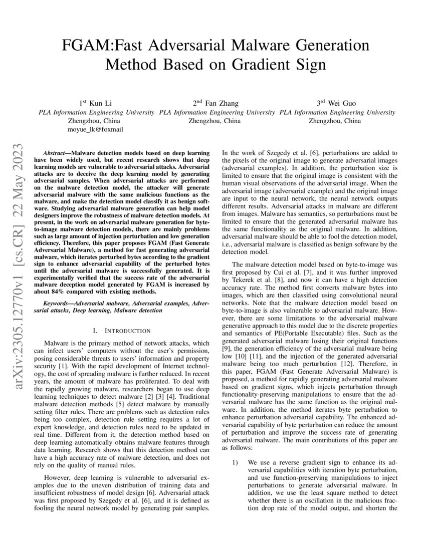 Fgam Fast Adversarial Malware Generation Method Based On Gradient Sign