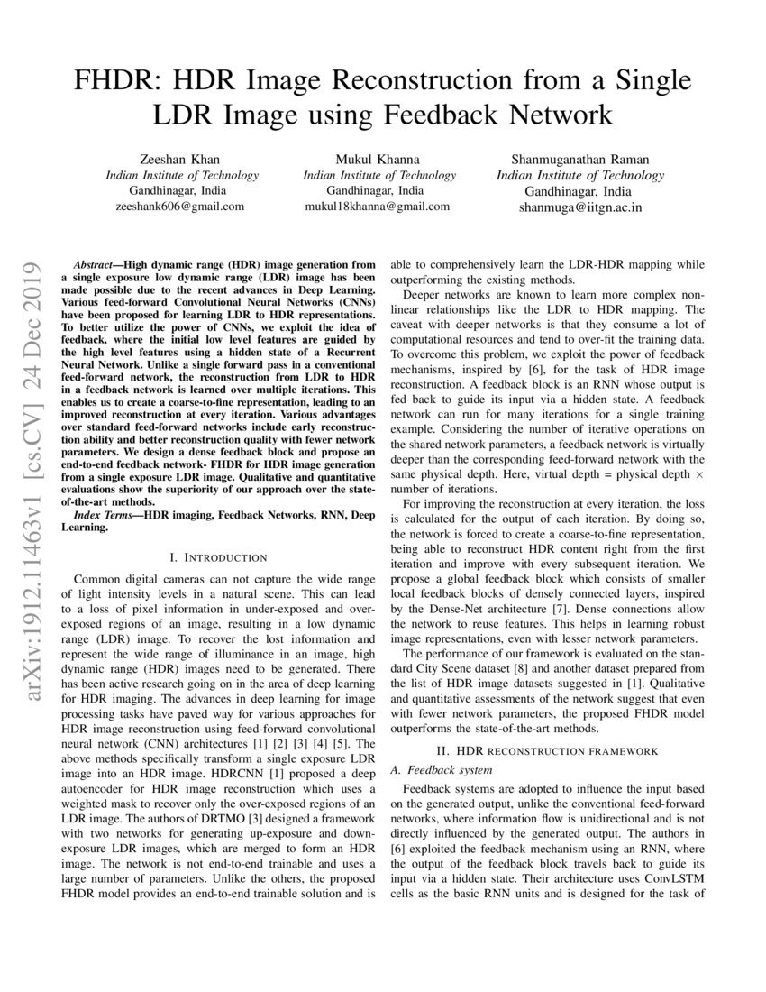 FHDR: HDR Image Reconstruction from a Single LDR Image using Feedback Network | DeepAI
