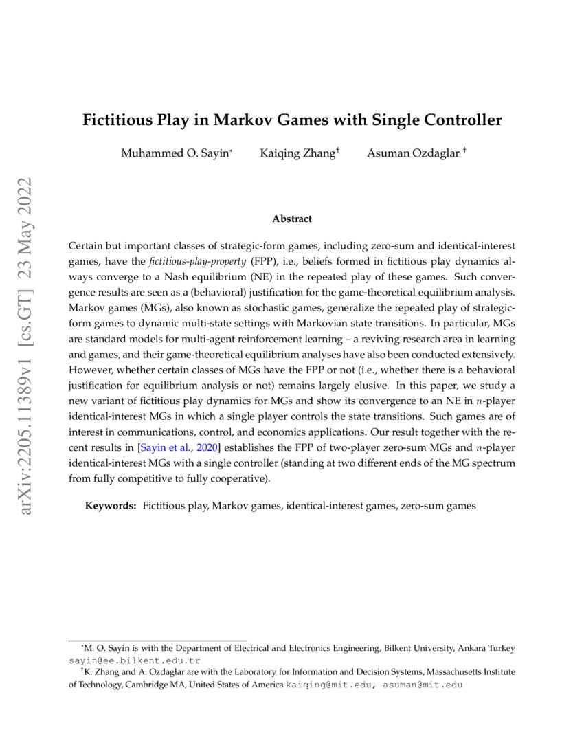 Fictitious Play in Markov Games with Single Controller | DeepAI