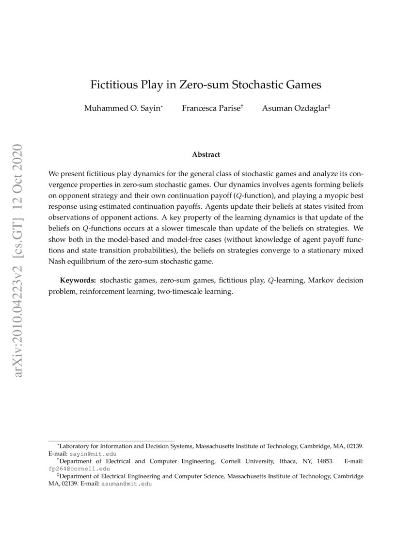 Fictitious play in zero-sum stochastic games | DeepAI
