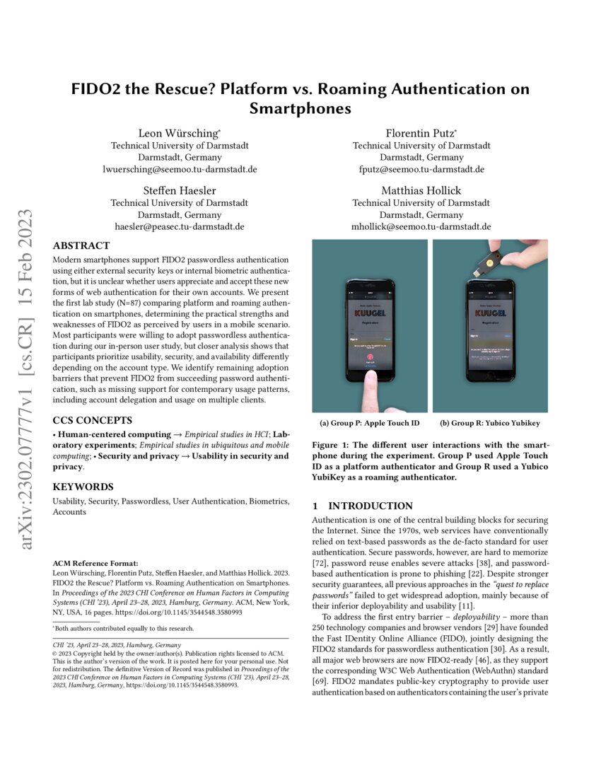 FIDO2 the Rescue? Platform vs. Roaming Authentication on Smartphones ...