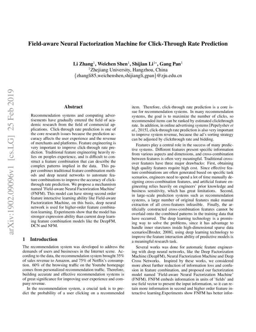 Field Aware Neural Factorization Machine For Click Through Rate Prediction Deepai 