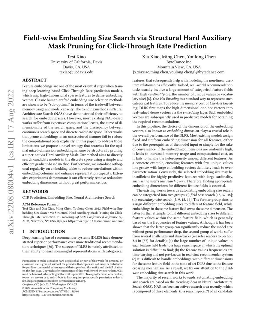 Field Wise Embedding Size Search Via Structural Hard Auxiliary Mask Pruning For Click Through