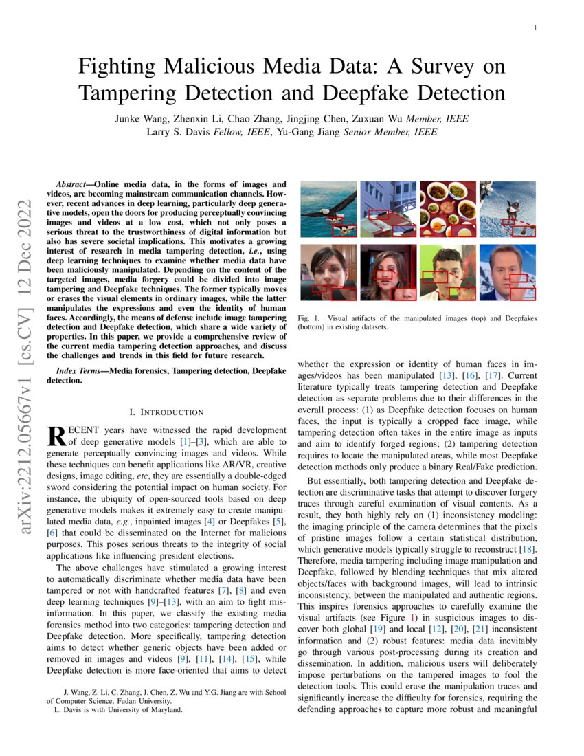 Fighting Malicious Media Data A Survey On Tampering Detection And Deepfake Detection Deepai