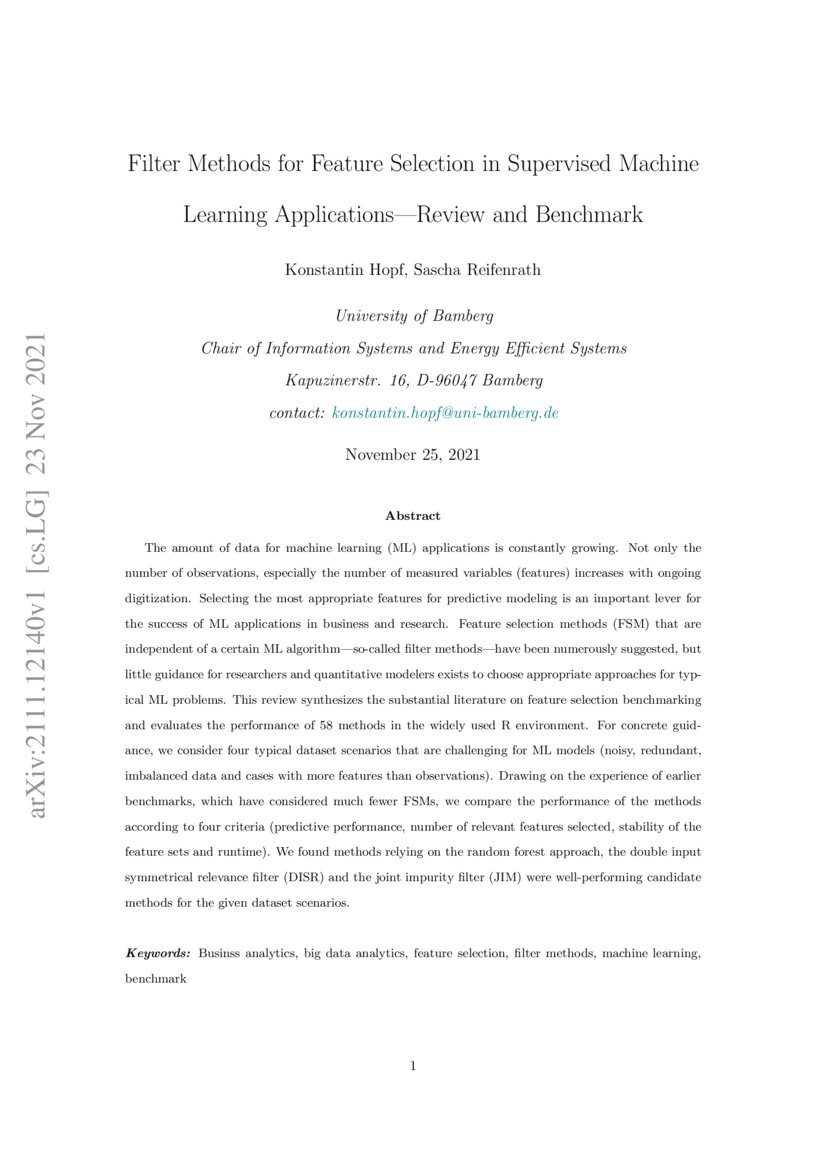 Filter Methods For Feature Selection In Supervised Machine Learning Applications Review And