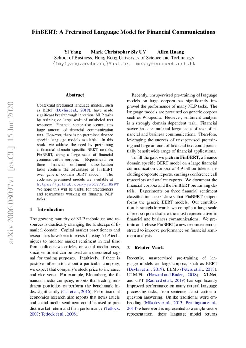 FinBERT: A Pretrained Language Model for Financial Communications | DeepAI