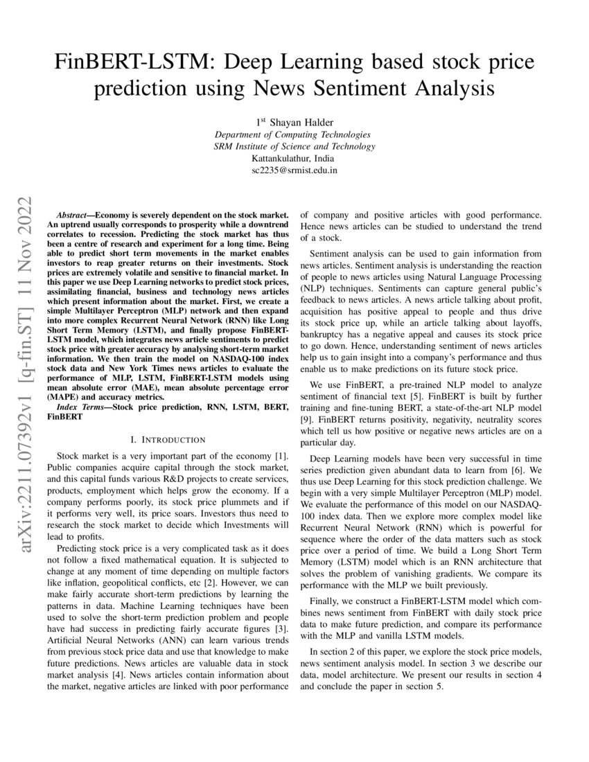 FinBERT LSTM Deep Learning Based Stock Price Prediction Using News