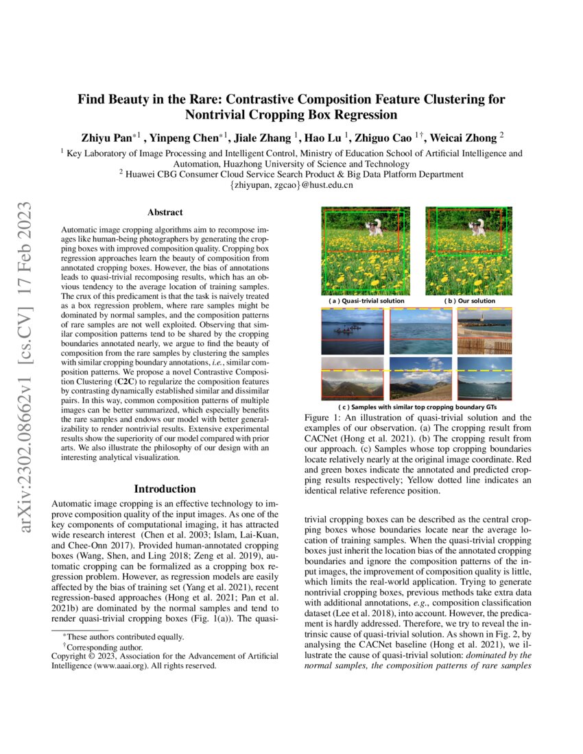 Find Beauty In The Rare Contrastive Composition Feature Clustering For Nontrivial Cropping Box