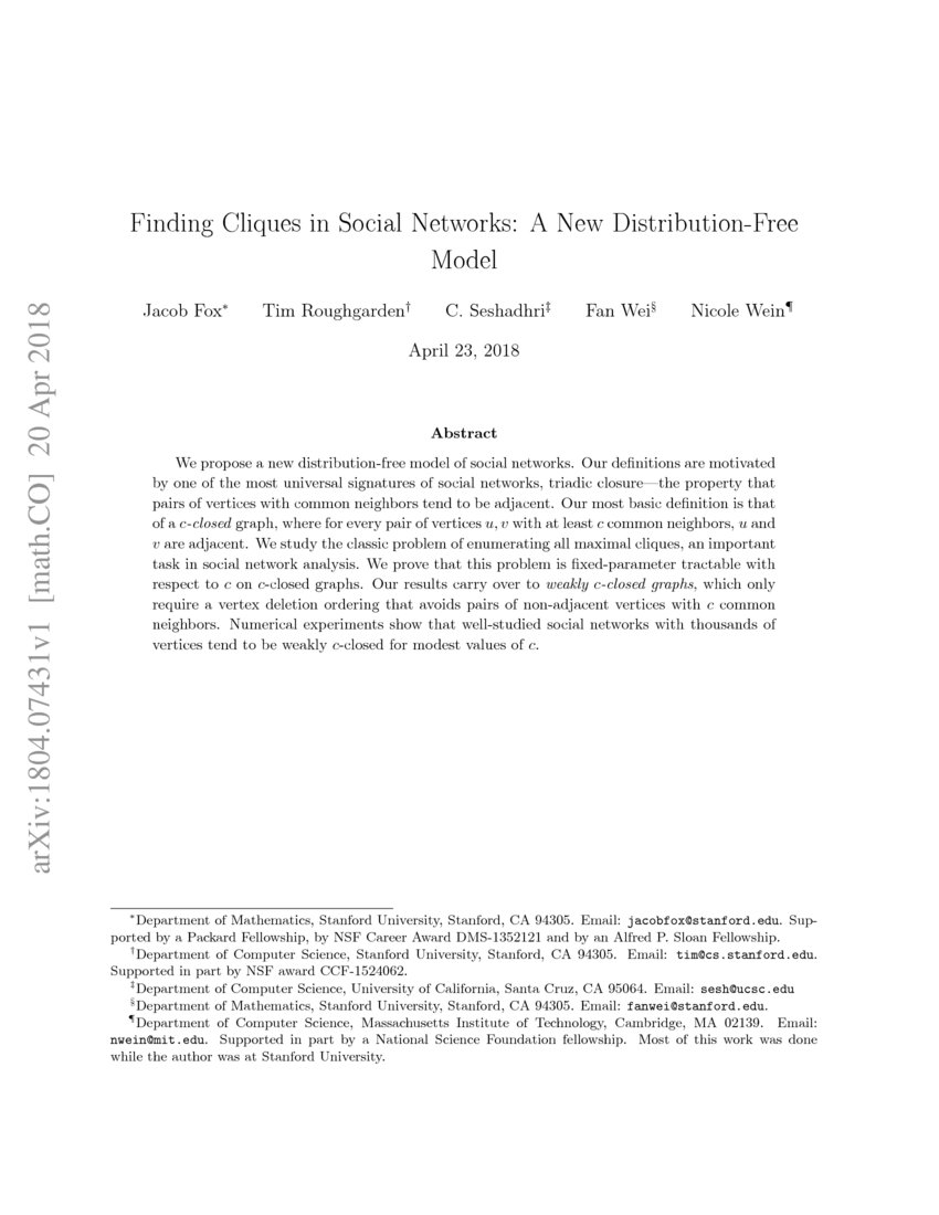 Finding Cliques In Social Networks A New Distribution Free Model Deepai 
