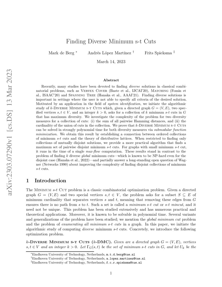 Finding Diverse Minimum s-t Cuts | DeepAI