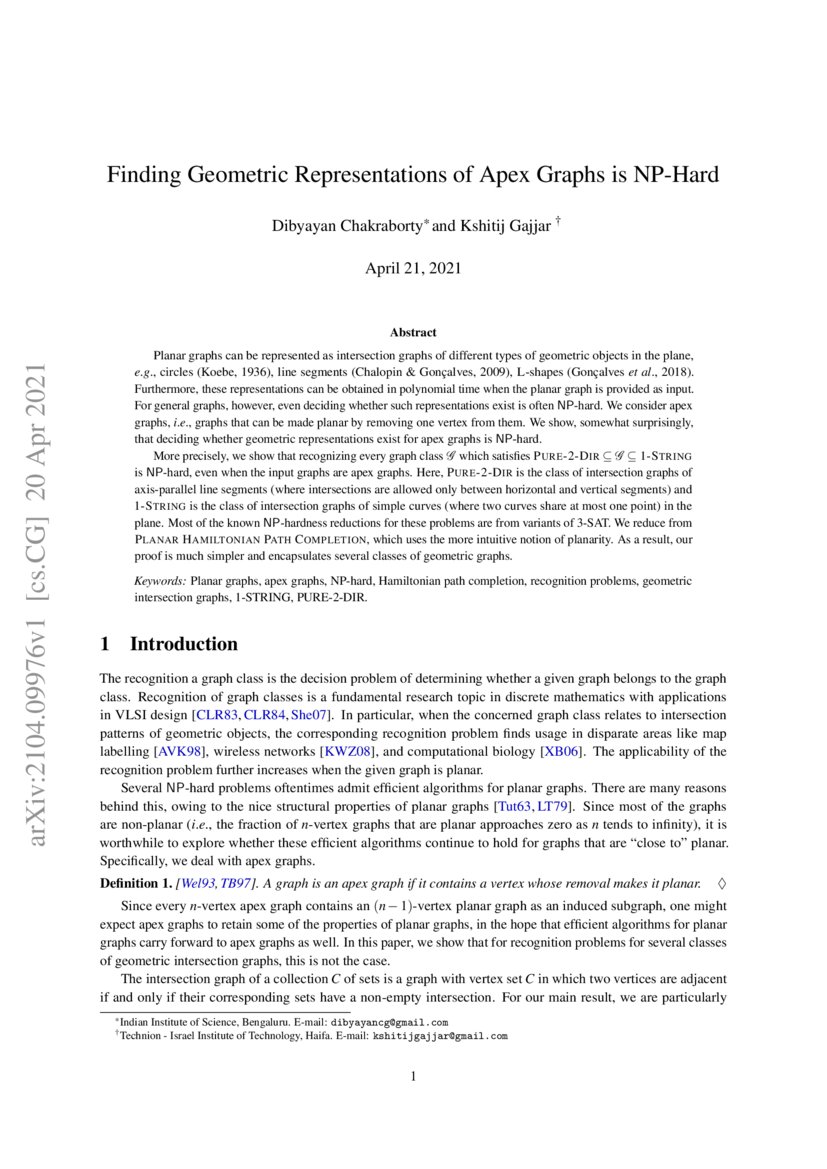 Finding Geometric Representations of Apex Graphs is NP-Hard | DeepAI