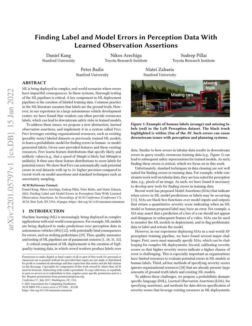 Finding Label and Model Errors in Perception Data With Learned Observation Assertions | DeepAI