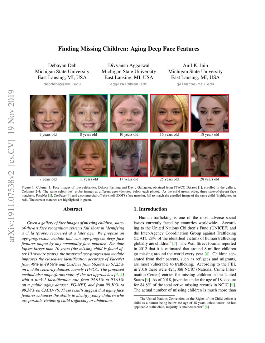 Finding Missing Children: Aging Deep Face Features | DeepAI