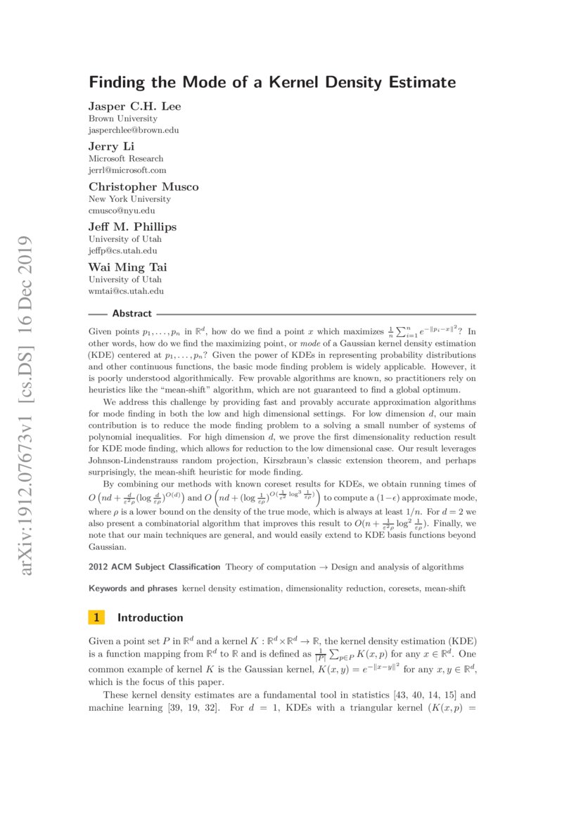 Finding the Mode of a Kernel Density Estimate | DeepAI