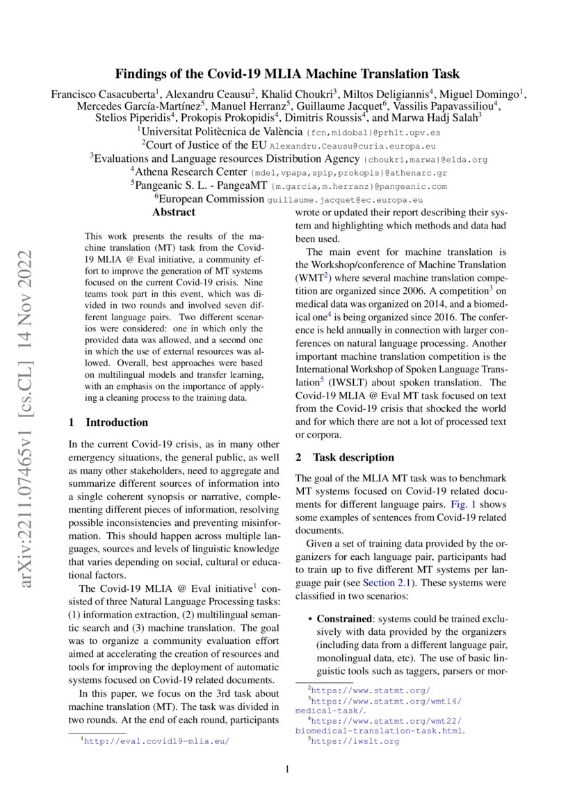 Findings of the Covid-19 MLIA Machine Translation Task | DeepAI