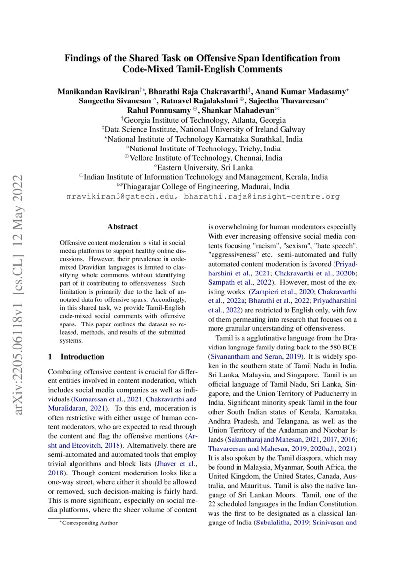 Findings Of The Shared Task On Offensive Span Identification From Code Mixed Tamil English