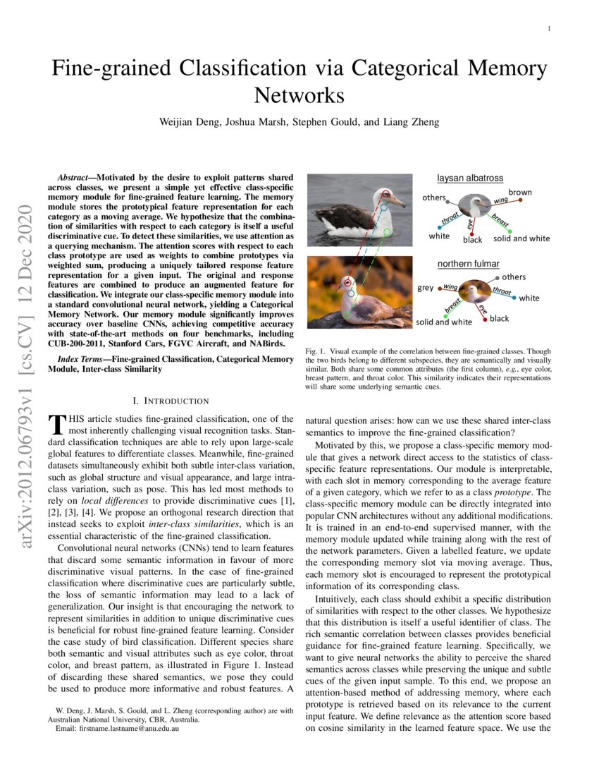 Fine-grained Classification via Categorical Memory Networks | DeepAI Fine-grained Classification via Categorical Memory Networks | DeepAI