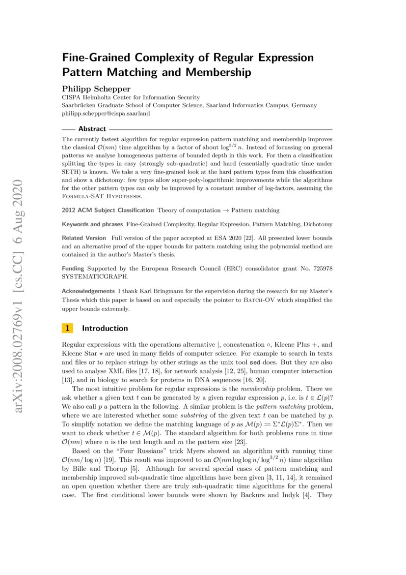 Fine-Grained Complexity of Regular Expression Pattern Matching and Membership | DeepAI