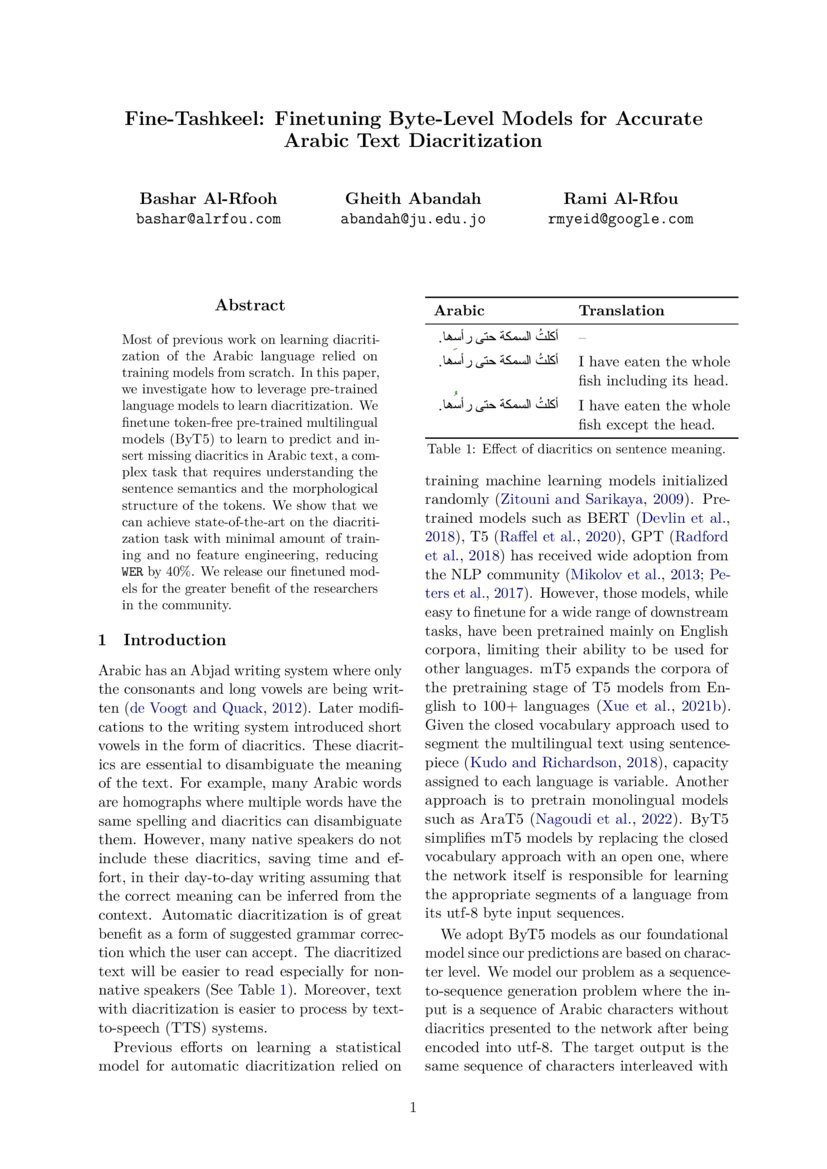 Fine-Tashkeel: Finetuning Byte-Level Models for Accurate Arabic Text Diacritization | DeepAI