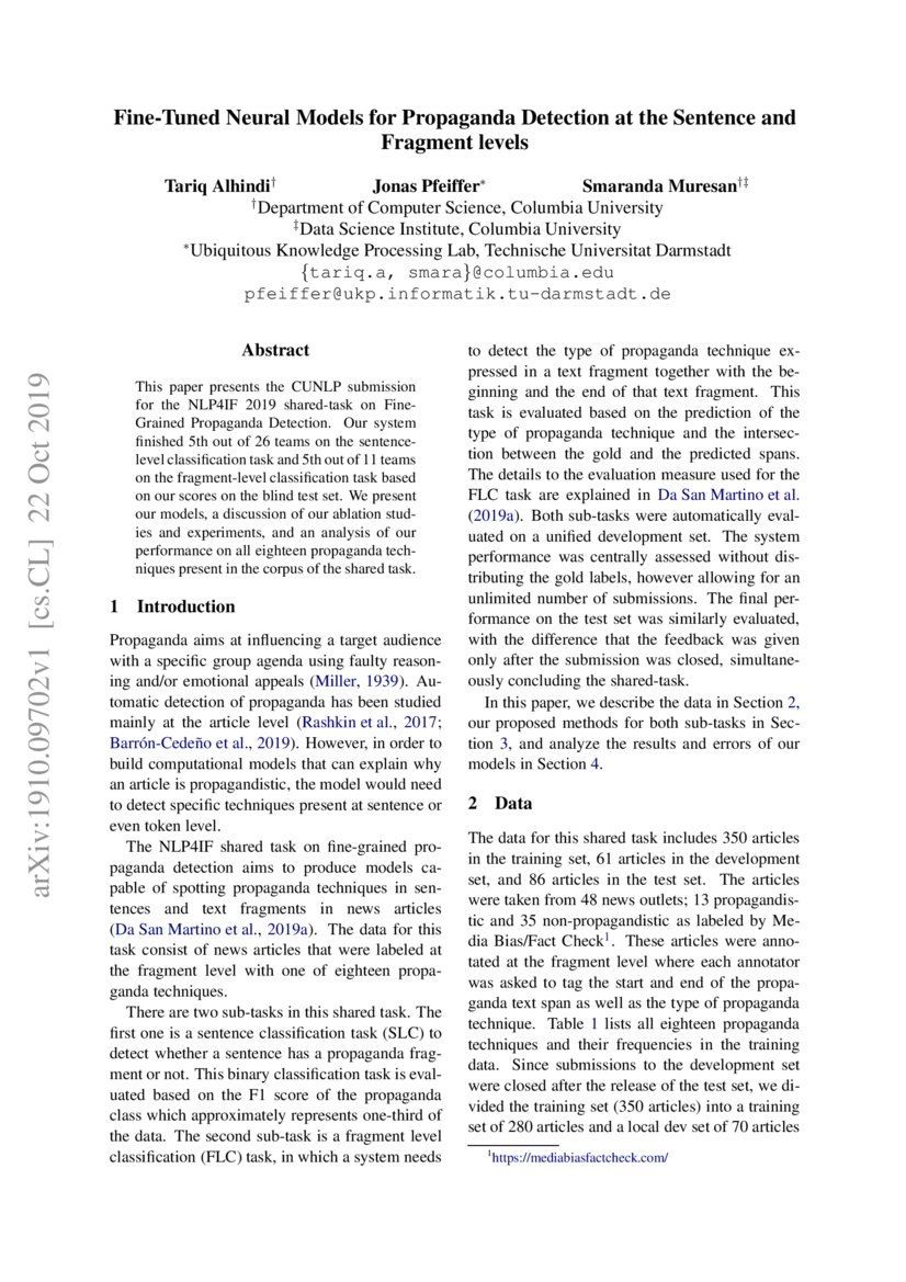 Fine-Tuned Neural Models for Propaganda Detection at the Sentence and Fragment levels | DeepAI