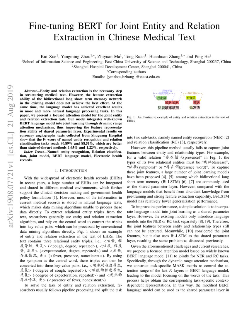 Fine-tuning BERT for Joint Entity and Relation Extraction in Chinese Medical Text | DeepAI